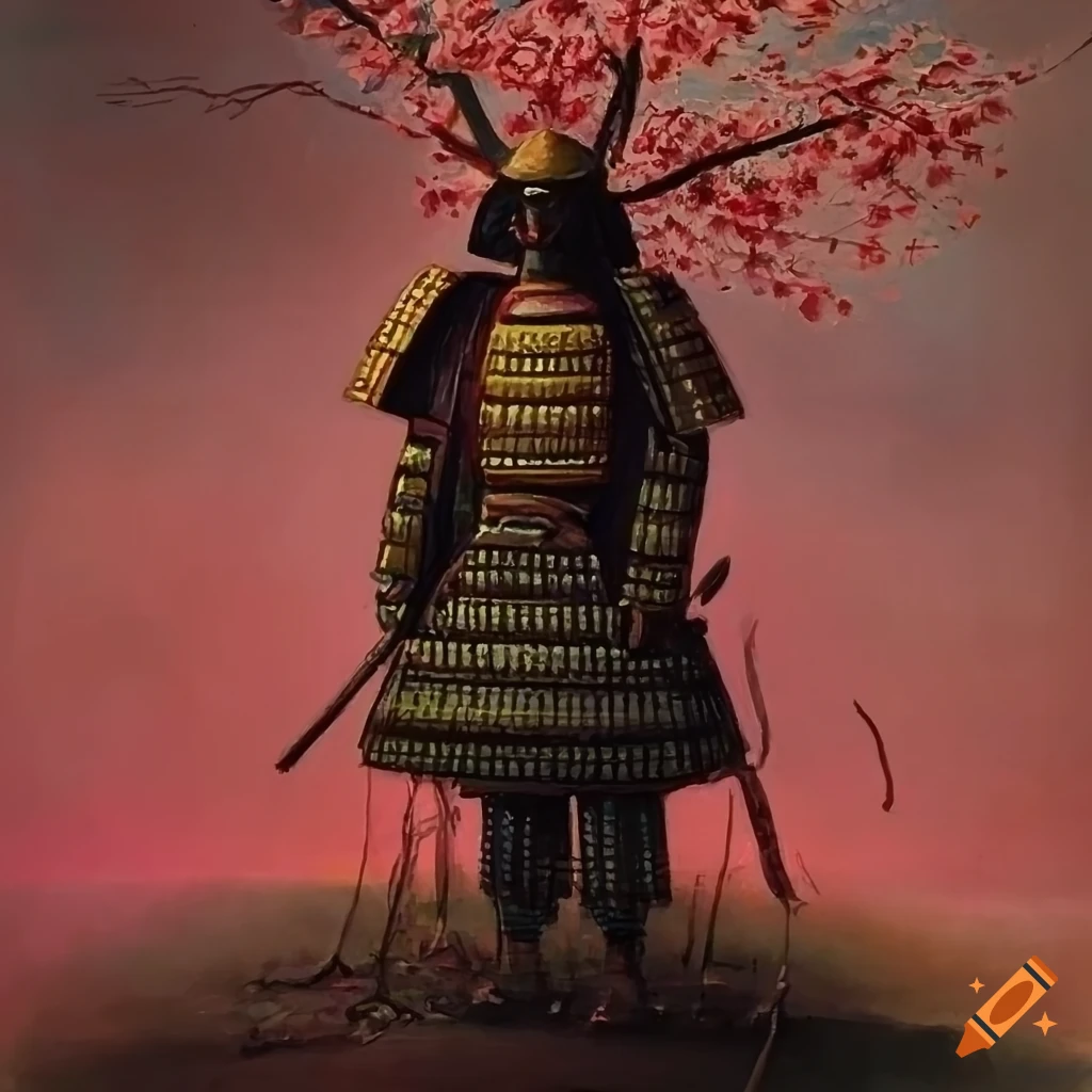 Painting of a samurai under a cherry blossom tree on Craiyon