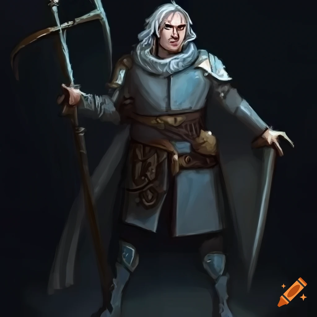 Image of a gray-haired human tempest cleric holding a warhammer on Craiyon
