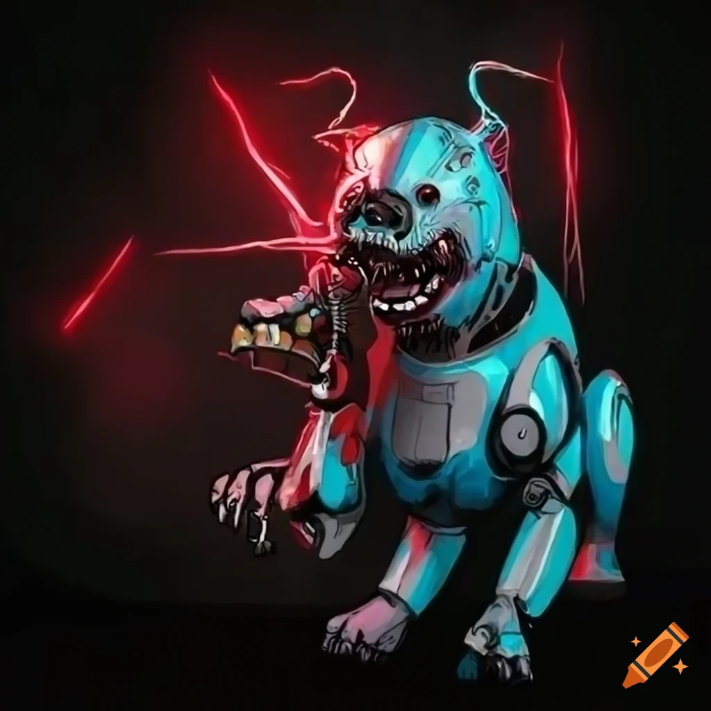 Pop art depiction of an intense laser battle between robotic dog and ...