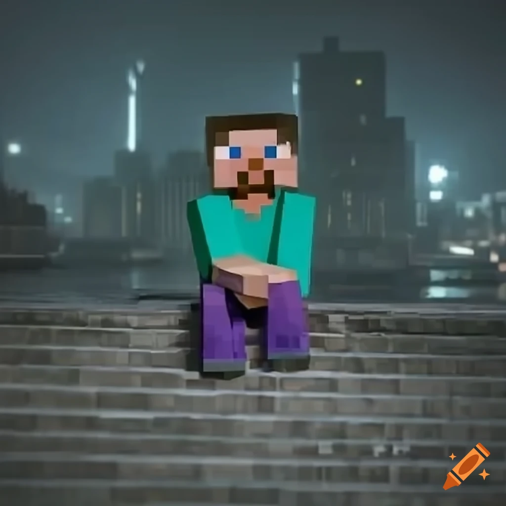 Dark city with minecraft steve contemplating