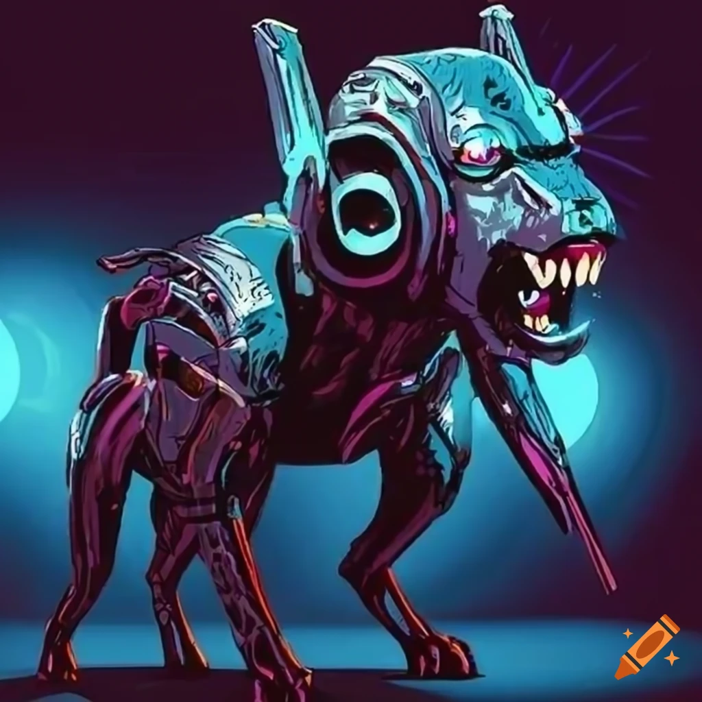 Pop art depiction of an intense laser battle between robotic dog and ...