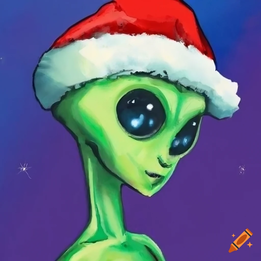 Ink painting of a cool alien wearing a santa hat on Craiyon