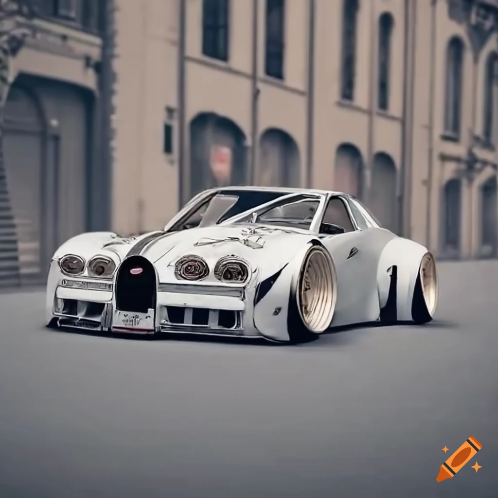 Parked vintage bugatti prototype with wide wheels and bodykit