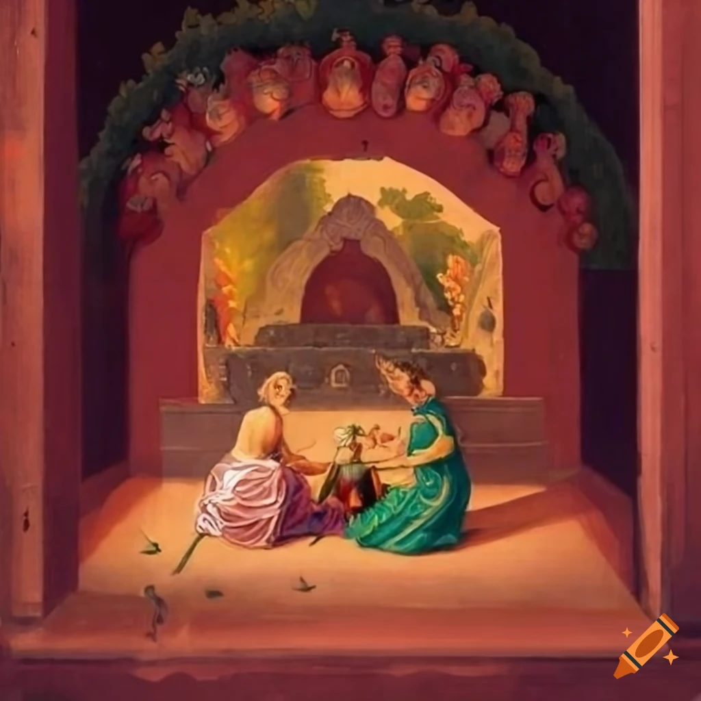 Renaissance painting of sun elves in a temple