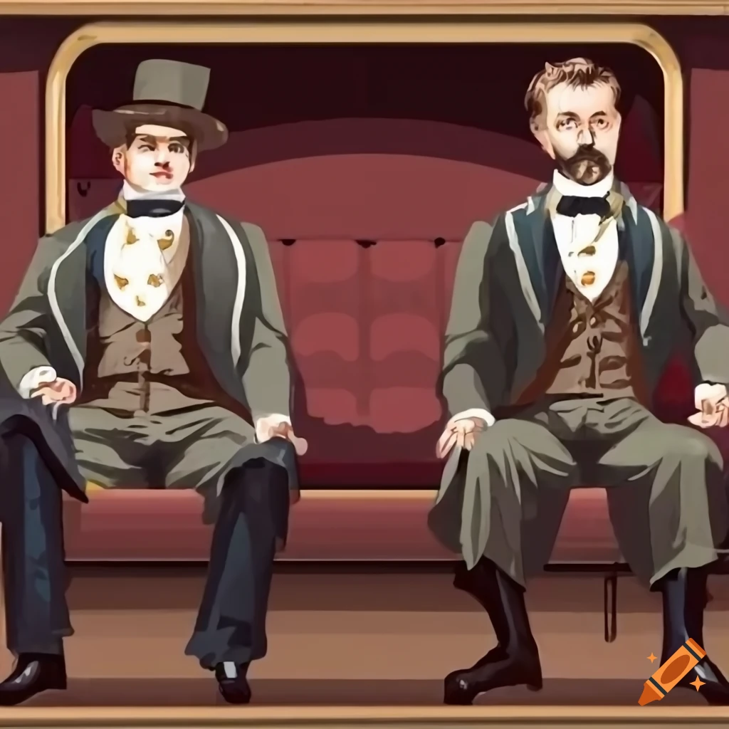 Victorian men sitting inside a train carriage on Craiyon