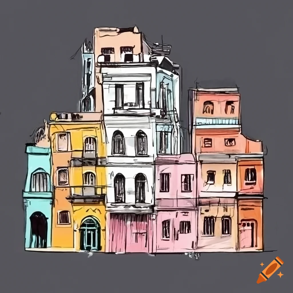 Architectural sketch layout of tenement with balconies and pergolas ...