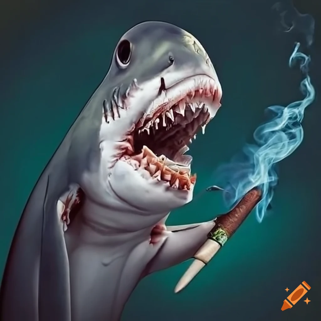 Funny image of a shark with a smoking blunt on Craiyon