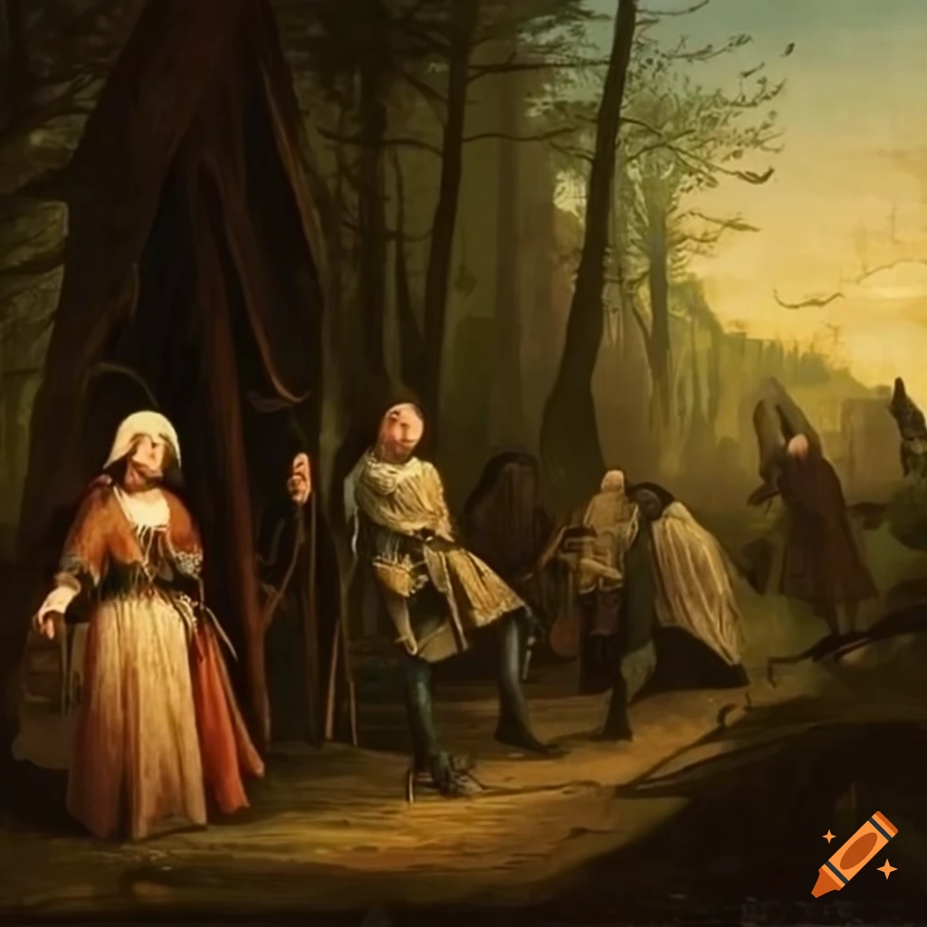 Rembrandt style painting of medieval people in a forest on Craiyon