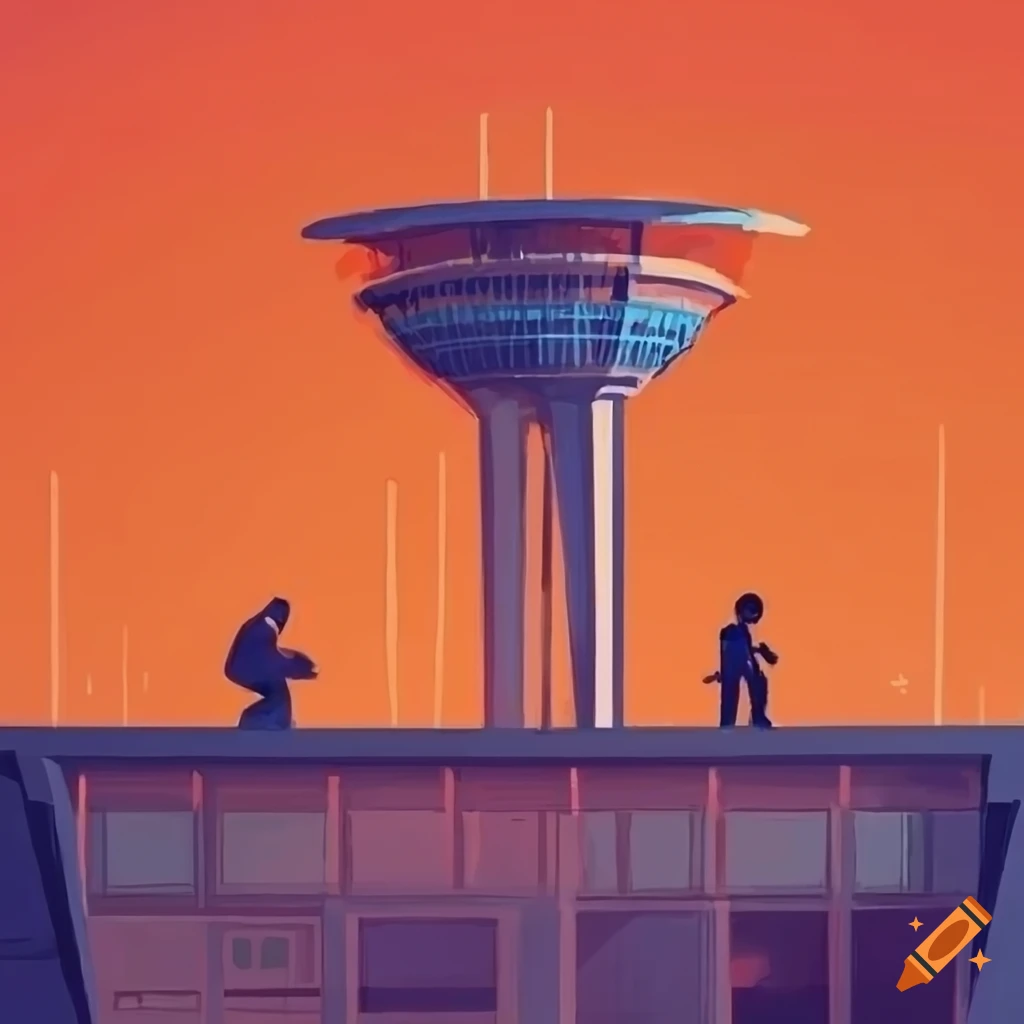 Gouache-style retro control tower