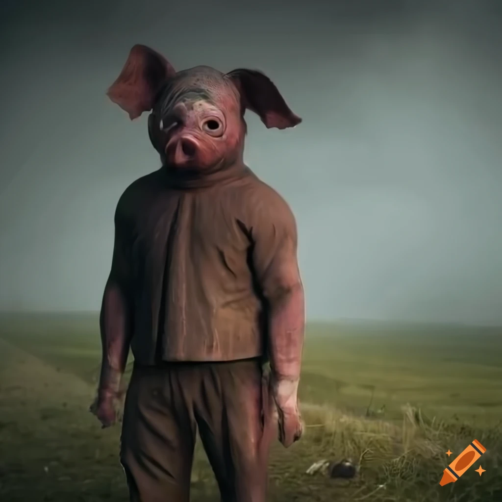 Image of a humanoid pig man near a dilapidated barn