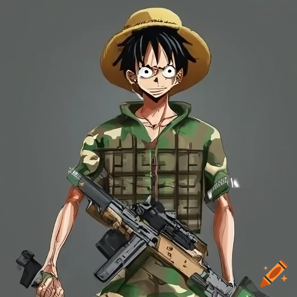 Anime Luffy in U.S. military uniform with rifle on Craiyon