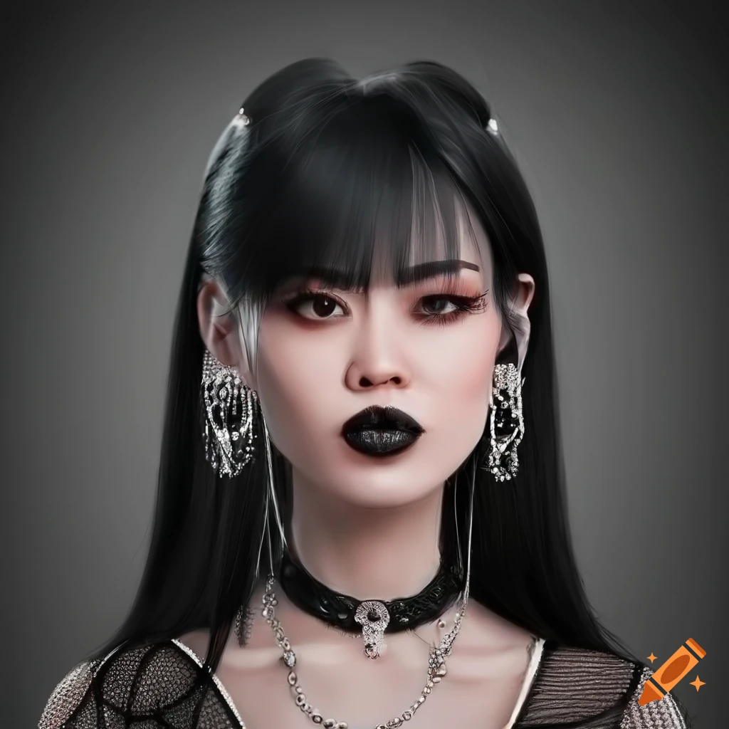 Portrait of a smiling goth woman with black hair and silver accessories on Craiyon