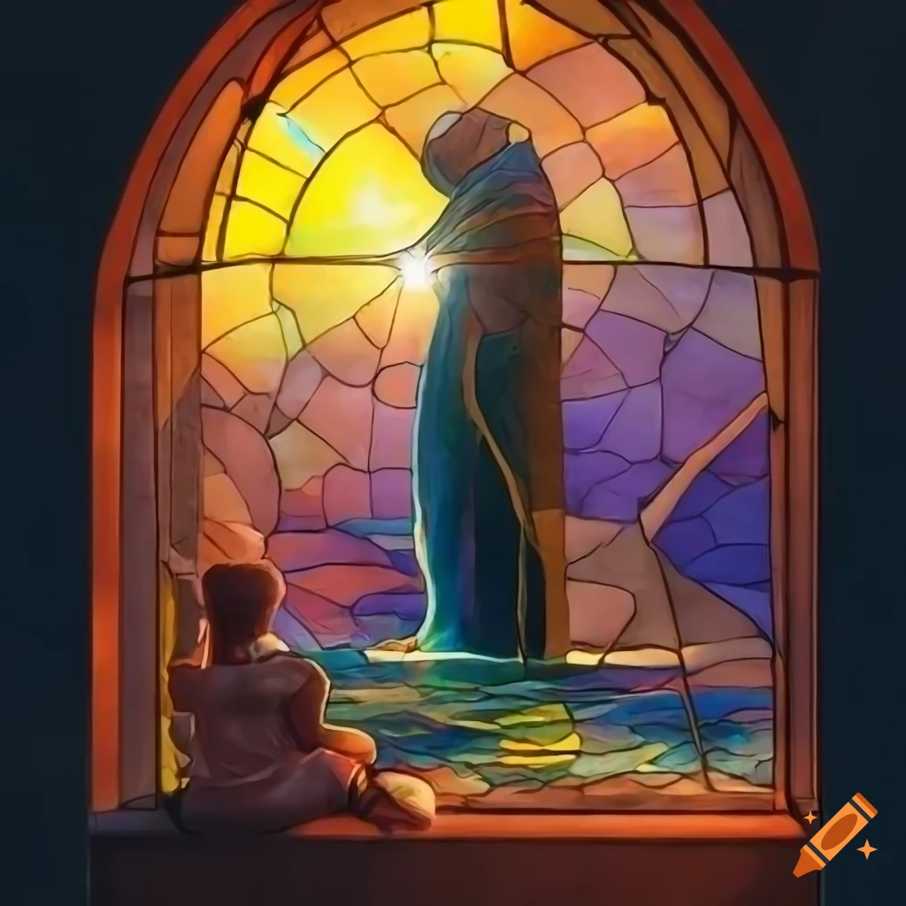 Stained glass illustration featuring rainbows and landscapes on Craiyon