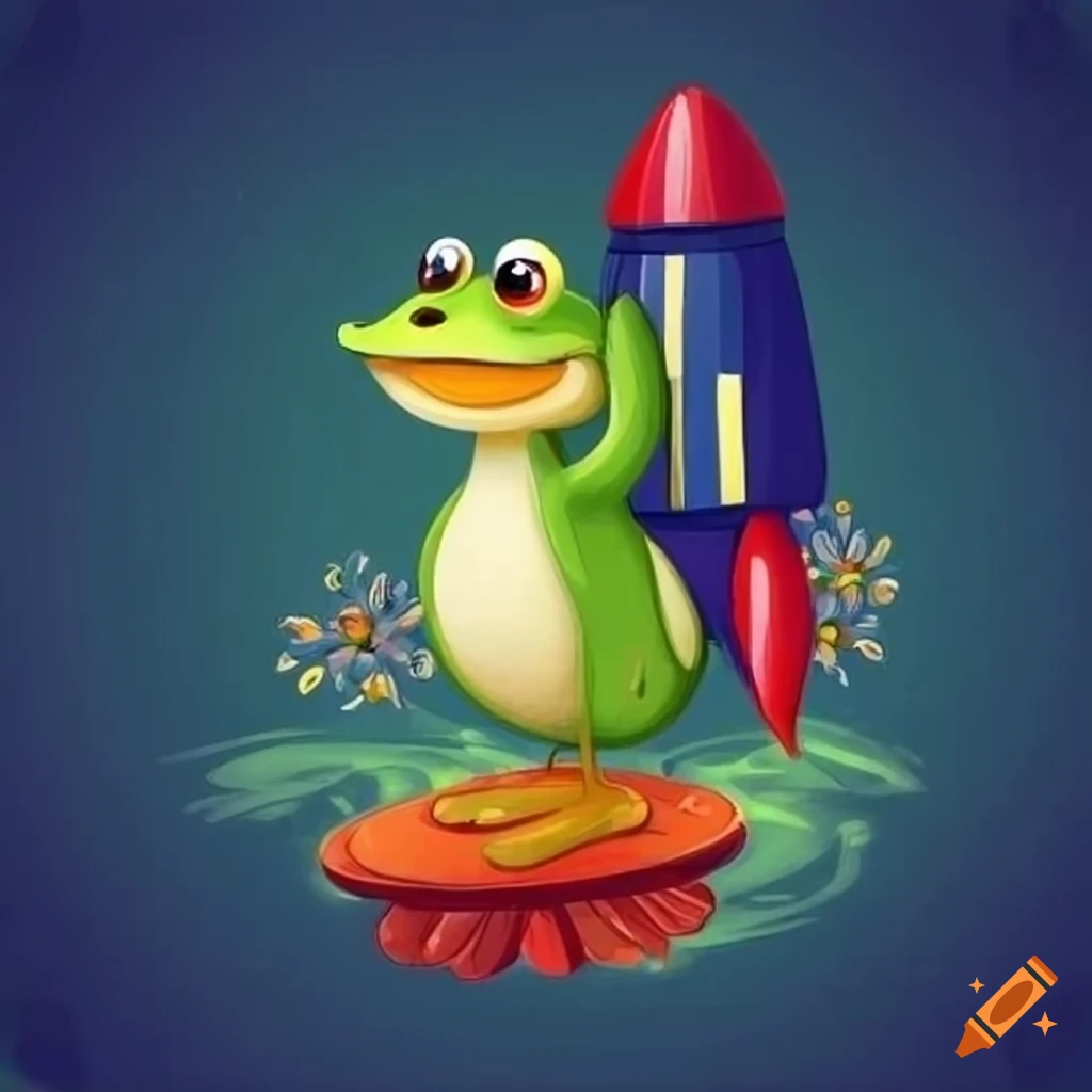 Illustration of a frog flying on a duck with a flower-powered rocket on ...