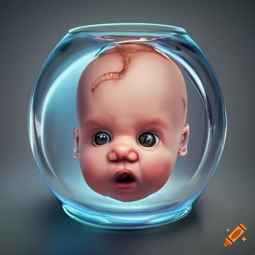 Photo-realistic cartoon baby head in a vat of liquid on Craiyon