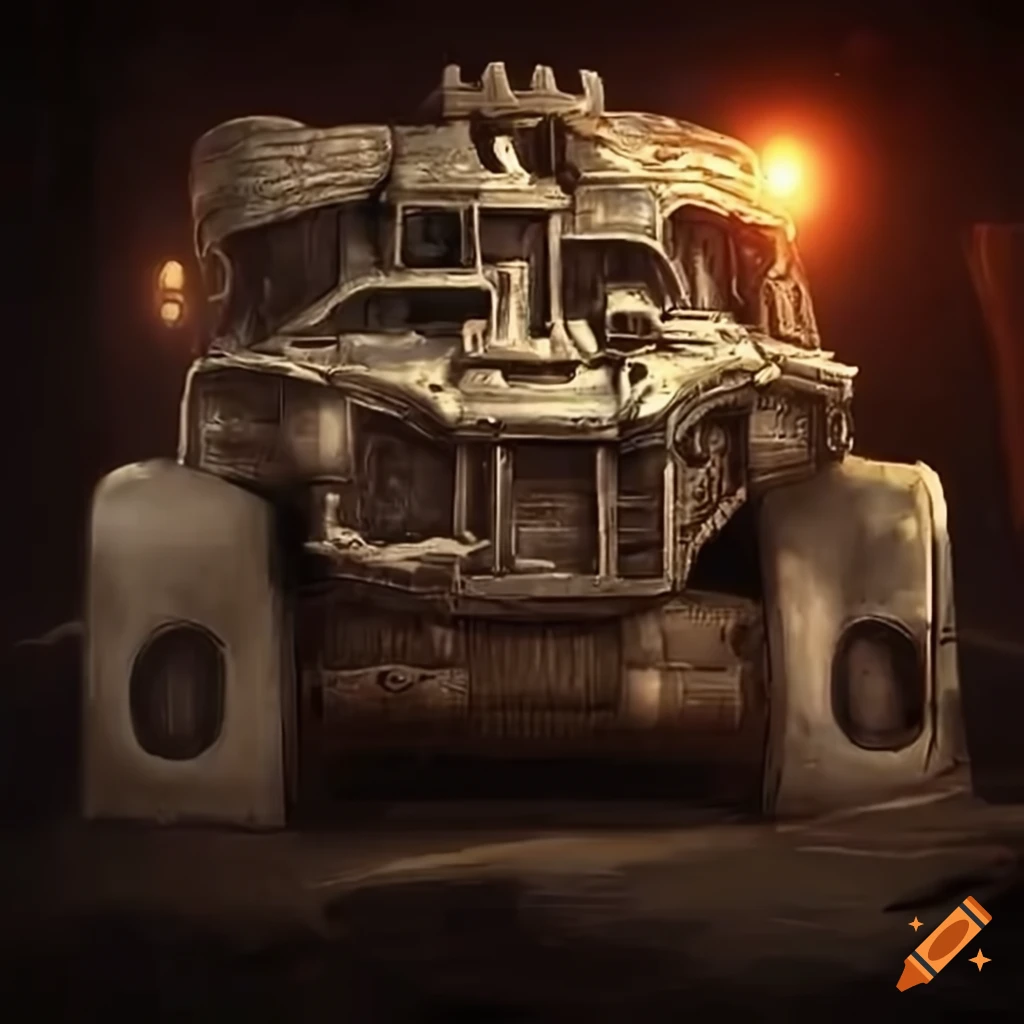 Detailed concept art of a steampunk battle truck on Craiyon