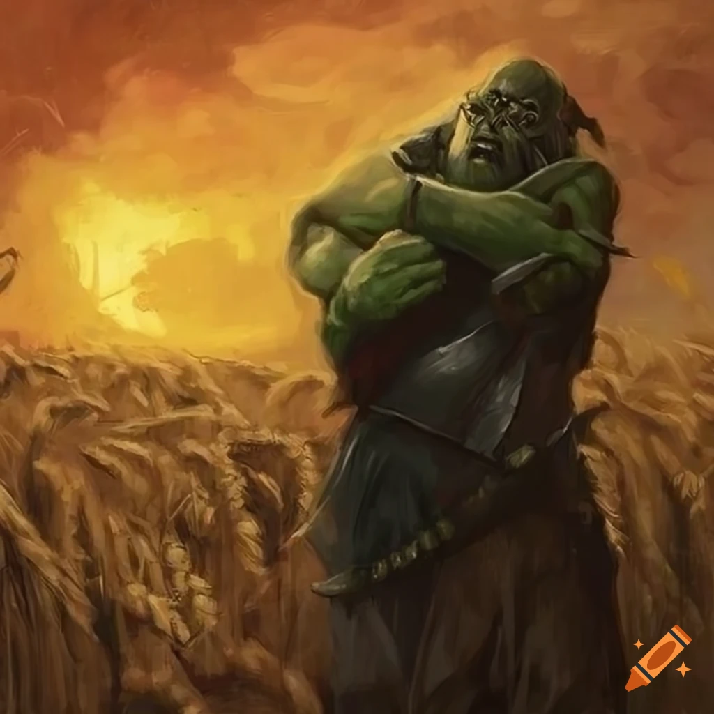 Mtg artwork of an orc farmer on a wheat field on Craiyon