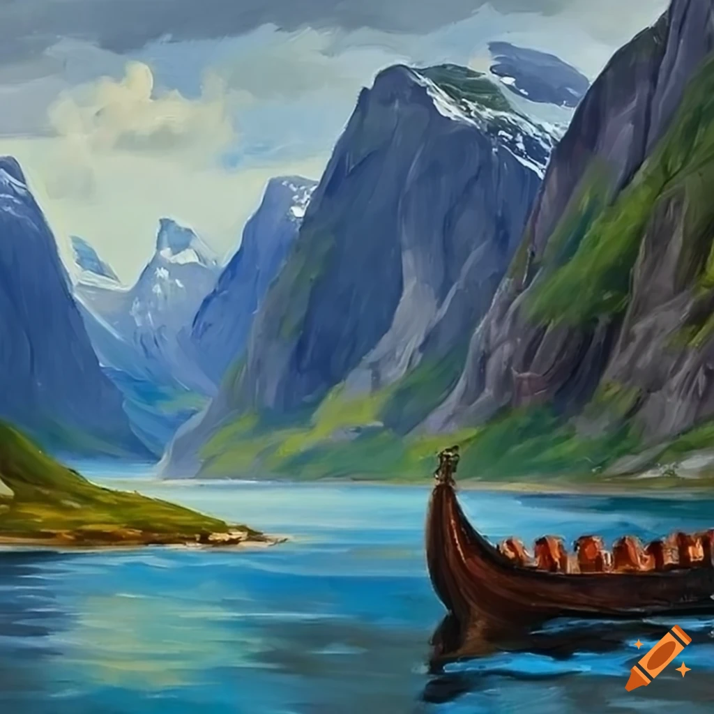 Oil painting of a fjord with viking ships on Craiyon