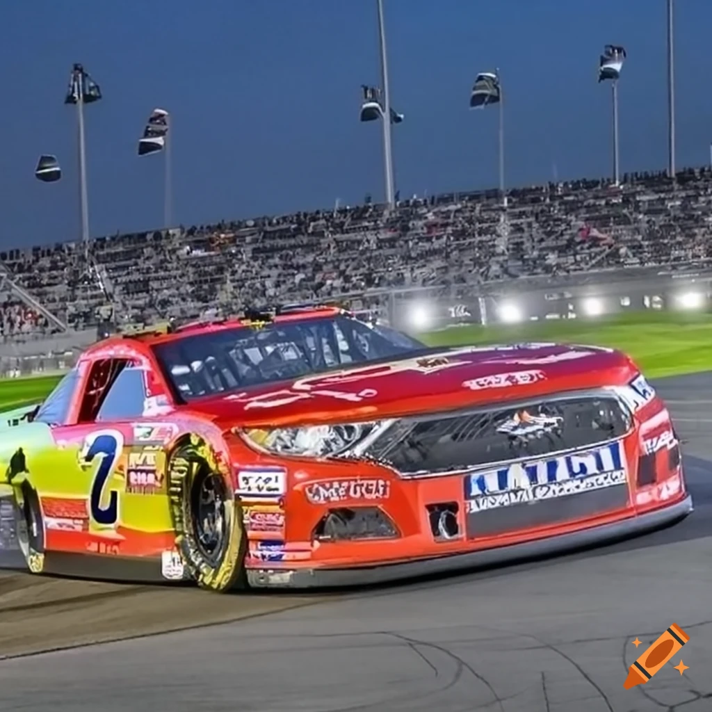 Night showcase of nascar racecars and custom-built vehicles on Craiyon