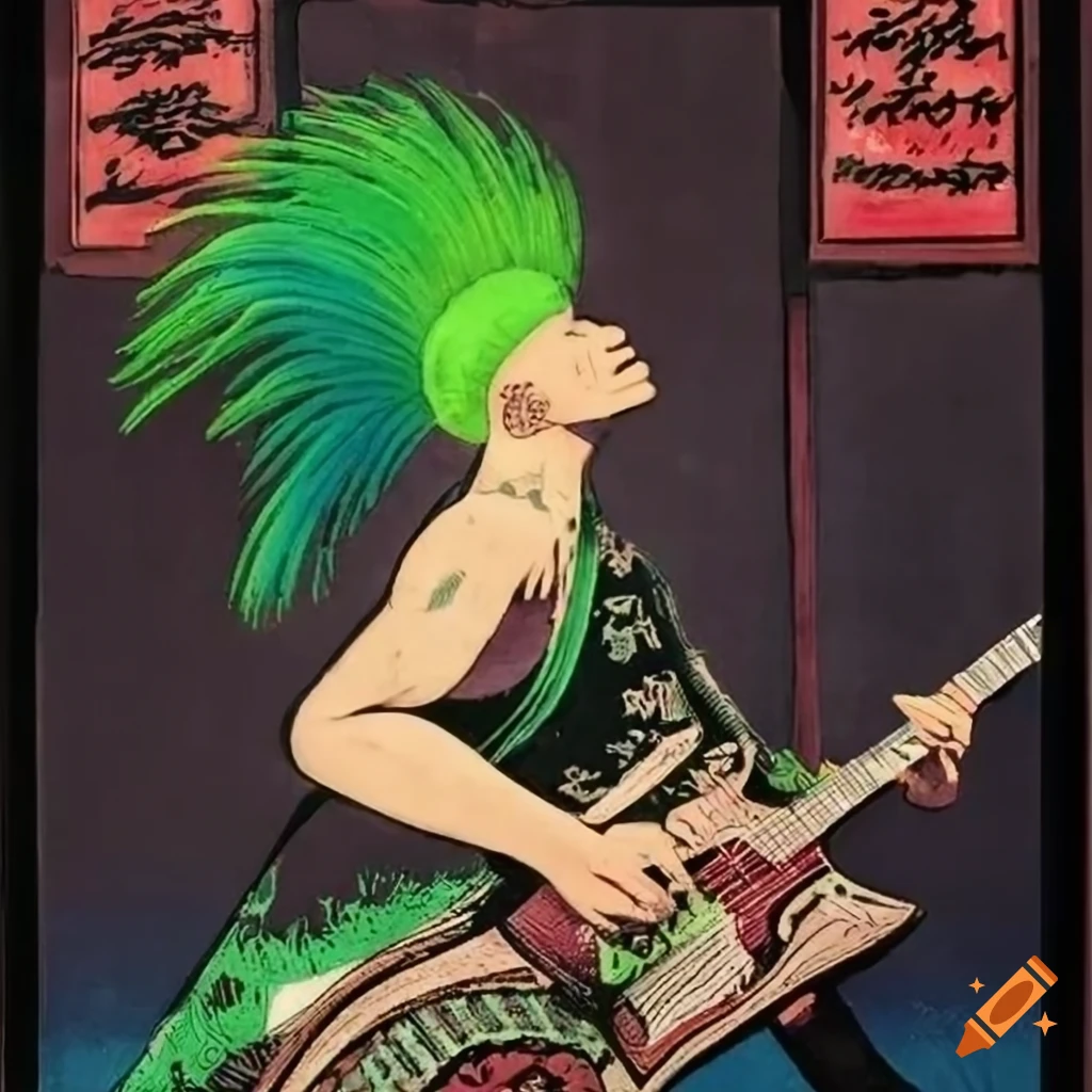 Chinese woodblock art of a punk rocker with green Mohawk on Craiyon