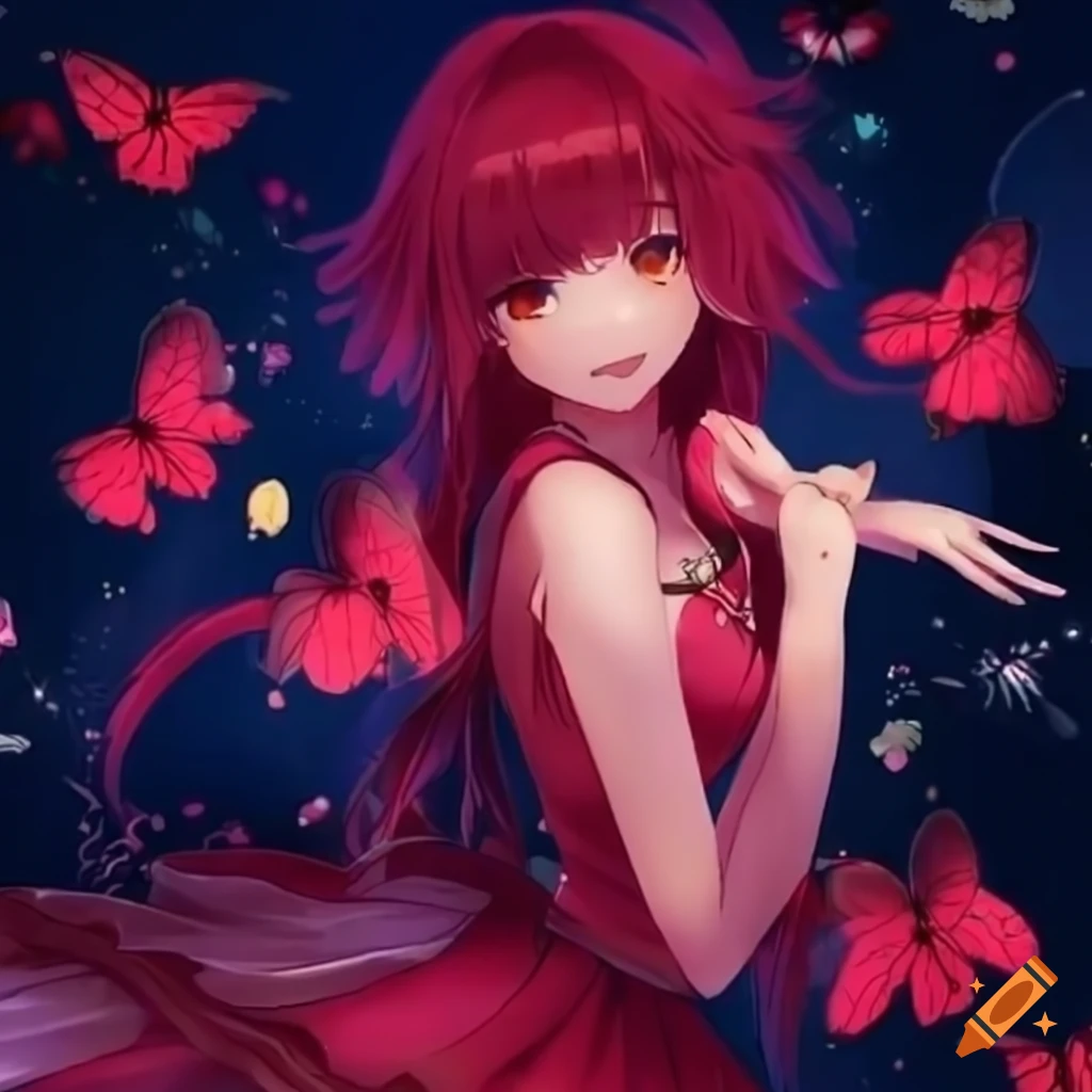 Anime girl dancing with red butterflies
