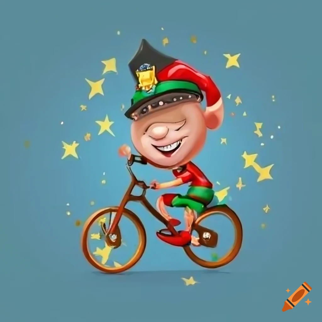 Cartoon elf on a bike celebrating christmas with golden stars on Craiyon