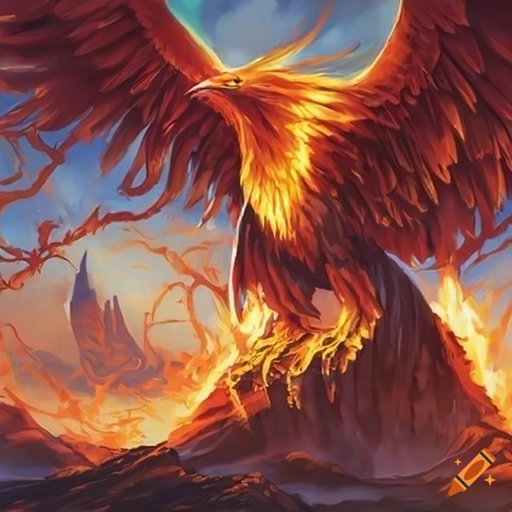 Epic artwork of a rising fire phoenix