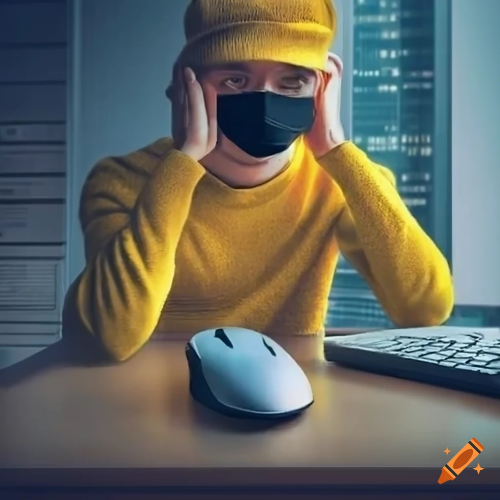 Man with face mask working at desk on Craiyon