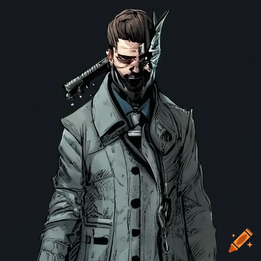 Comic book character in gray coat with black gloves on Craiyon