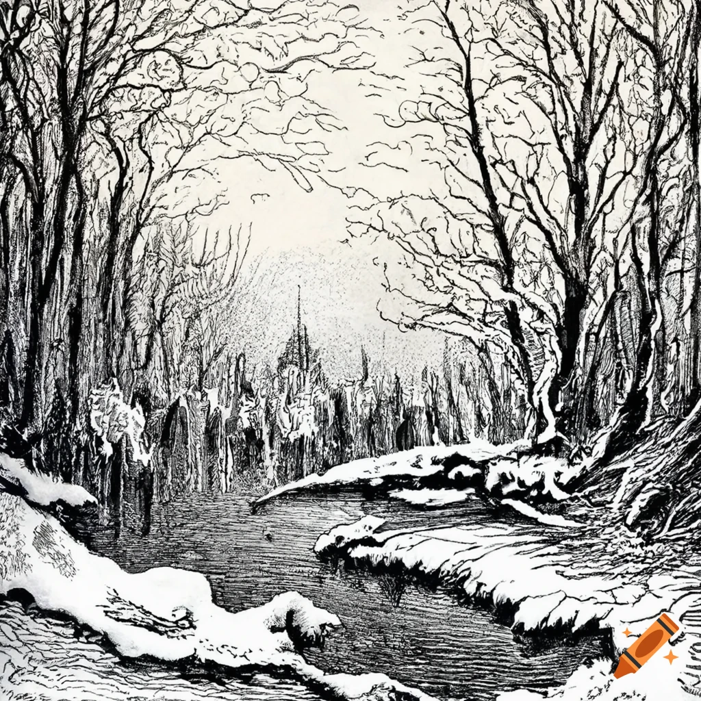 Ink drawing of a mystical winter landscape on Craiyon