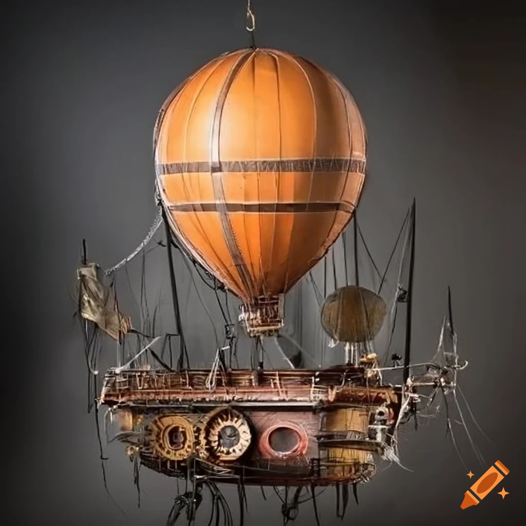 Steampunk airship with orange balloon and glass gondola on Craiyon