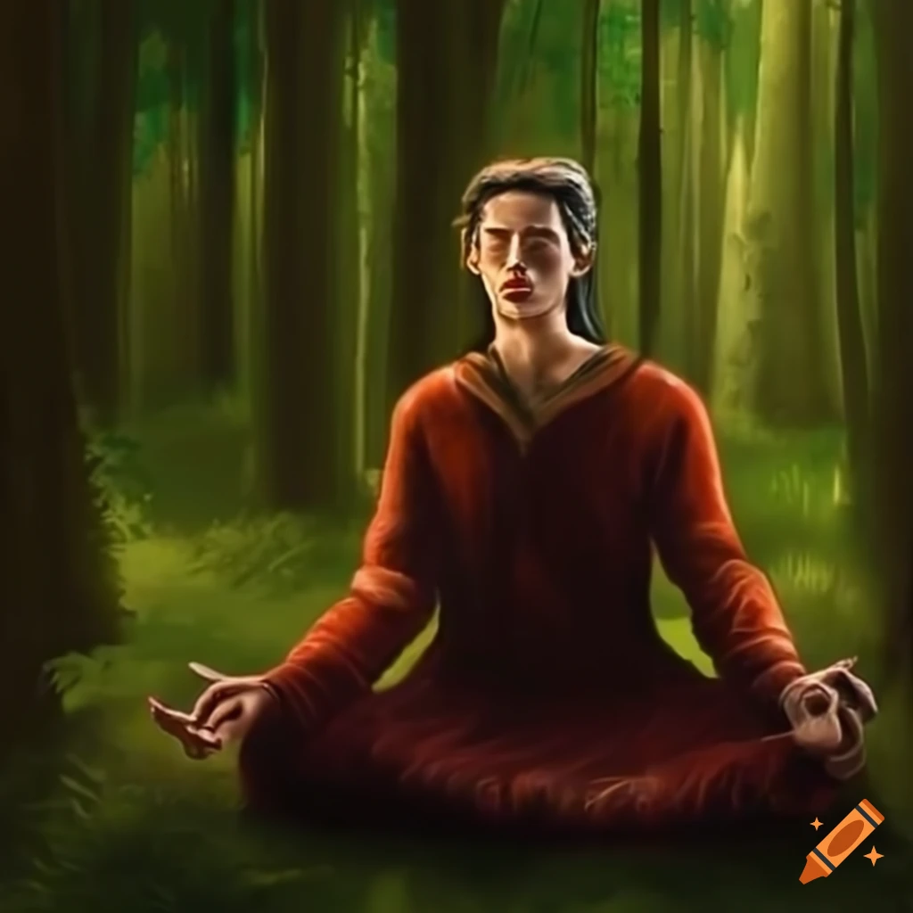 Painting of a male wiccan meditating in a forest on Craiyon