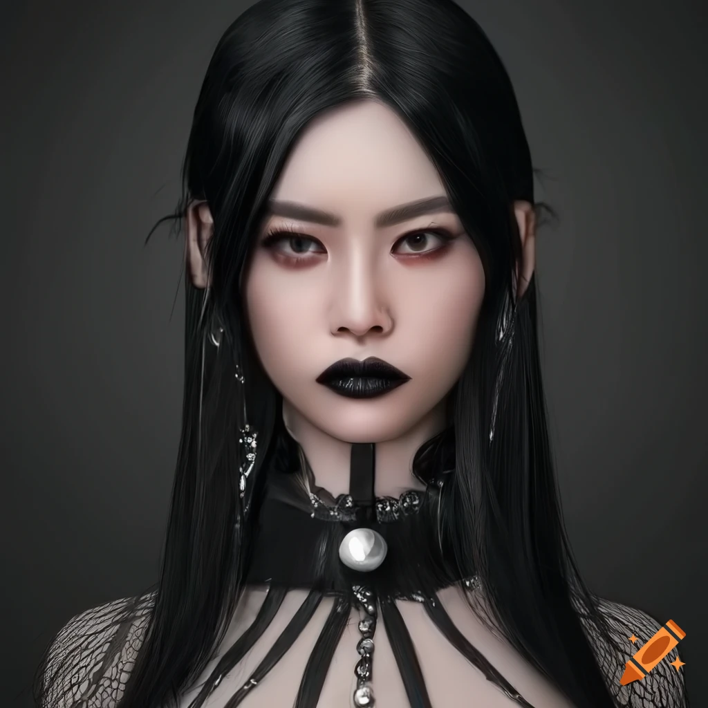 Portrait of a realistic asian goth woman in black attire