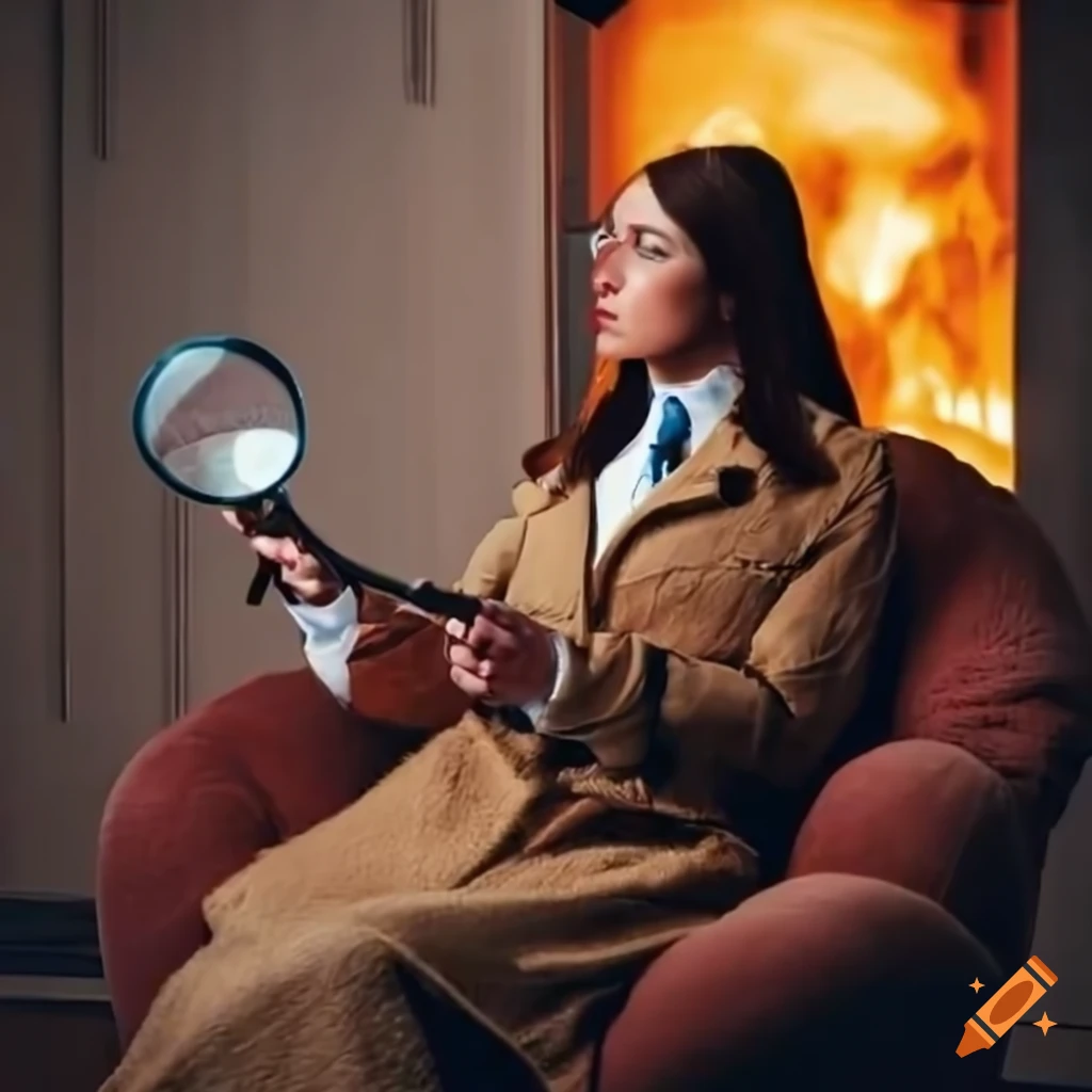 Female detective in a plush chair near a fireplace on Craiyon