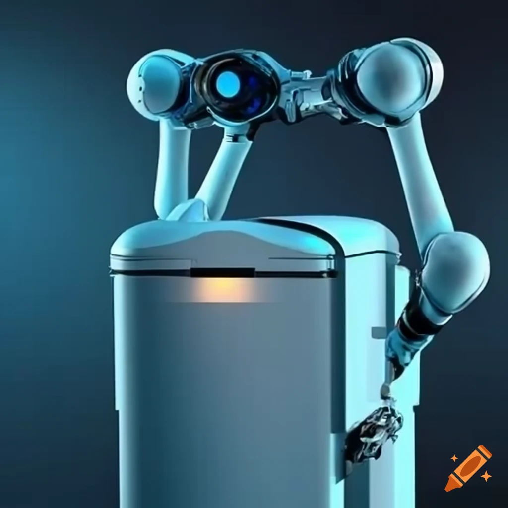 Image of an innovative smart dustbin with robotic arms on Craiyon