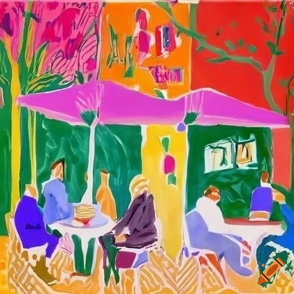 Artistic outdoor coffee shop influenced by matisse, picasso, and ...