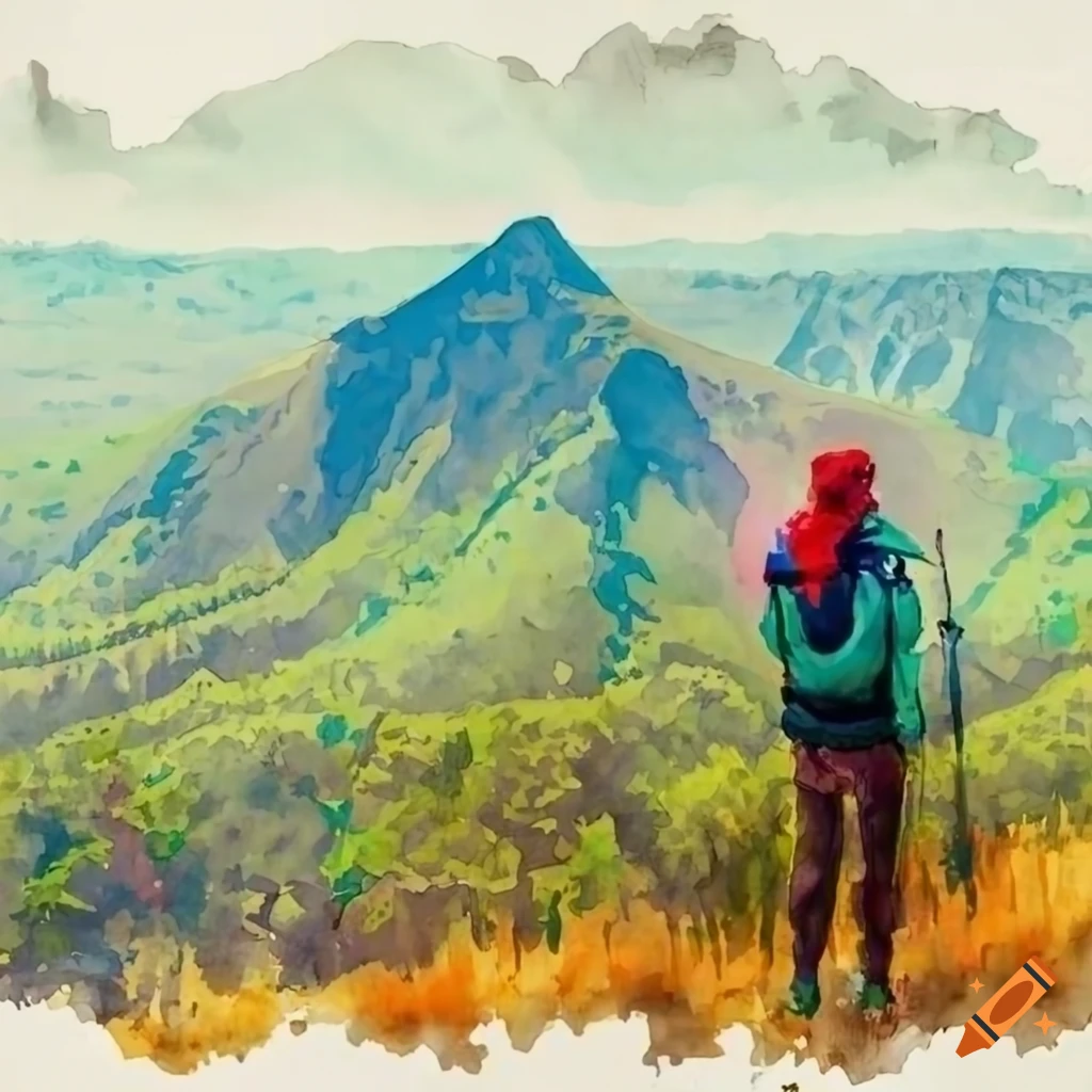 Watercolor painting of a woman hiker at mountain summit