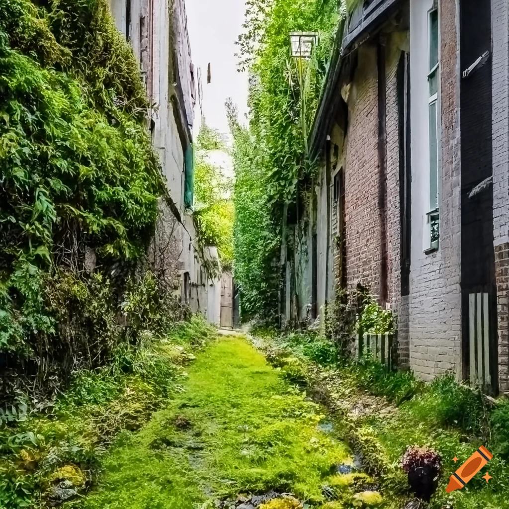 Lush green alley with flowers and mushrooms on Craiyon