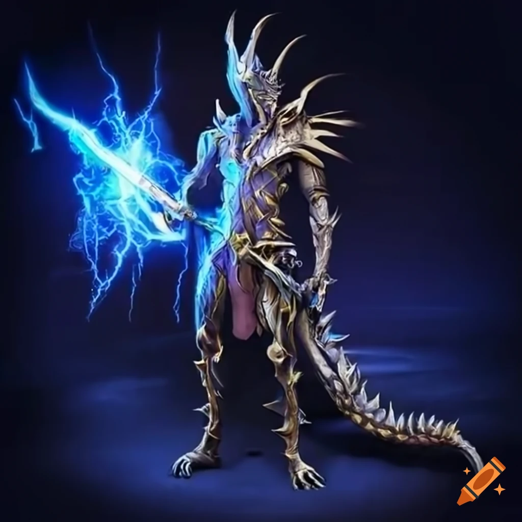 Illustration of a lightning dragon humanoid with an electric sword on ...