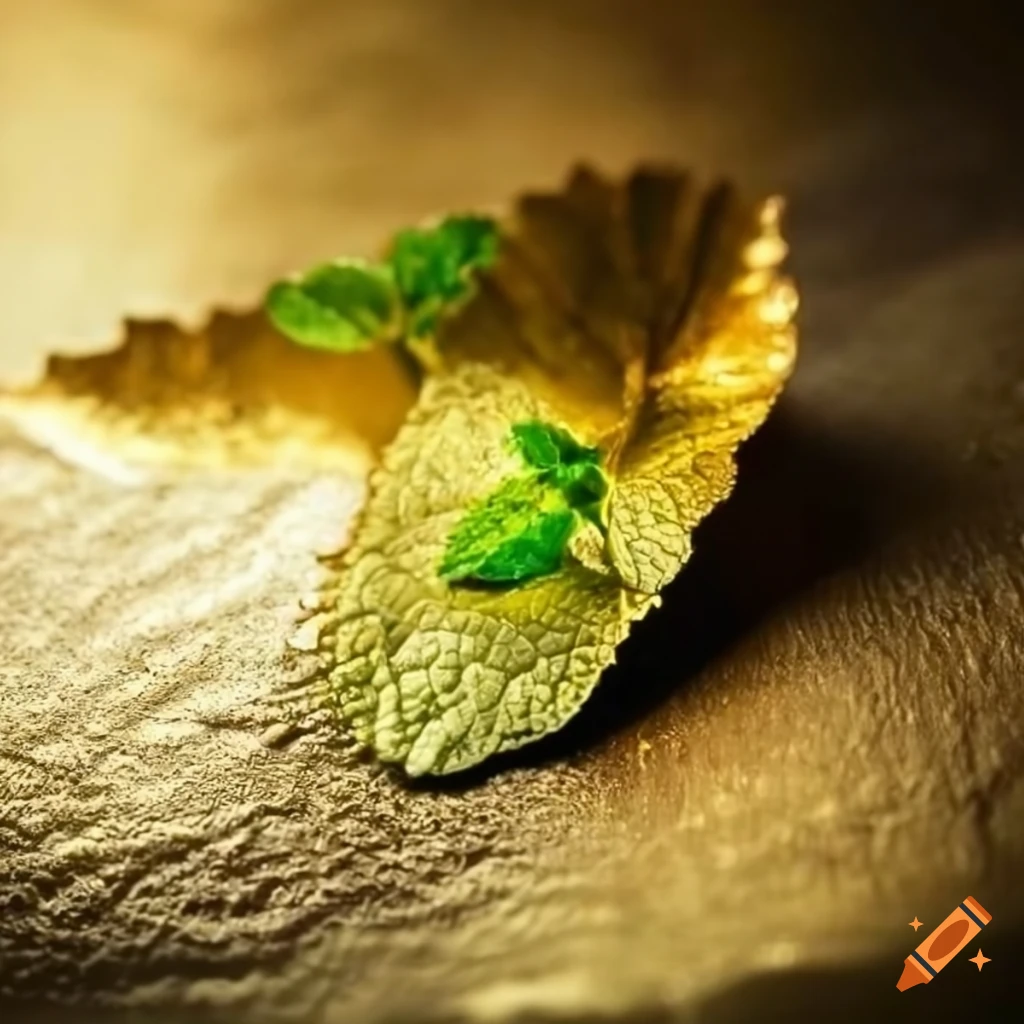Edible gold leaf and fresh mint leaves ingredients on Craiyon