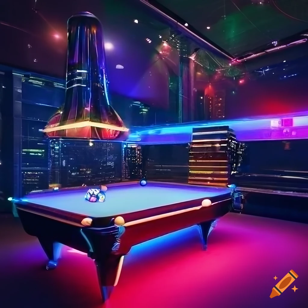 Futuristic billiards club with a bar in the background on Craiyon