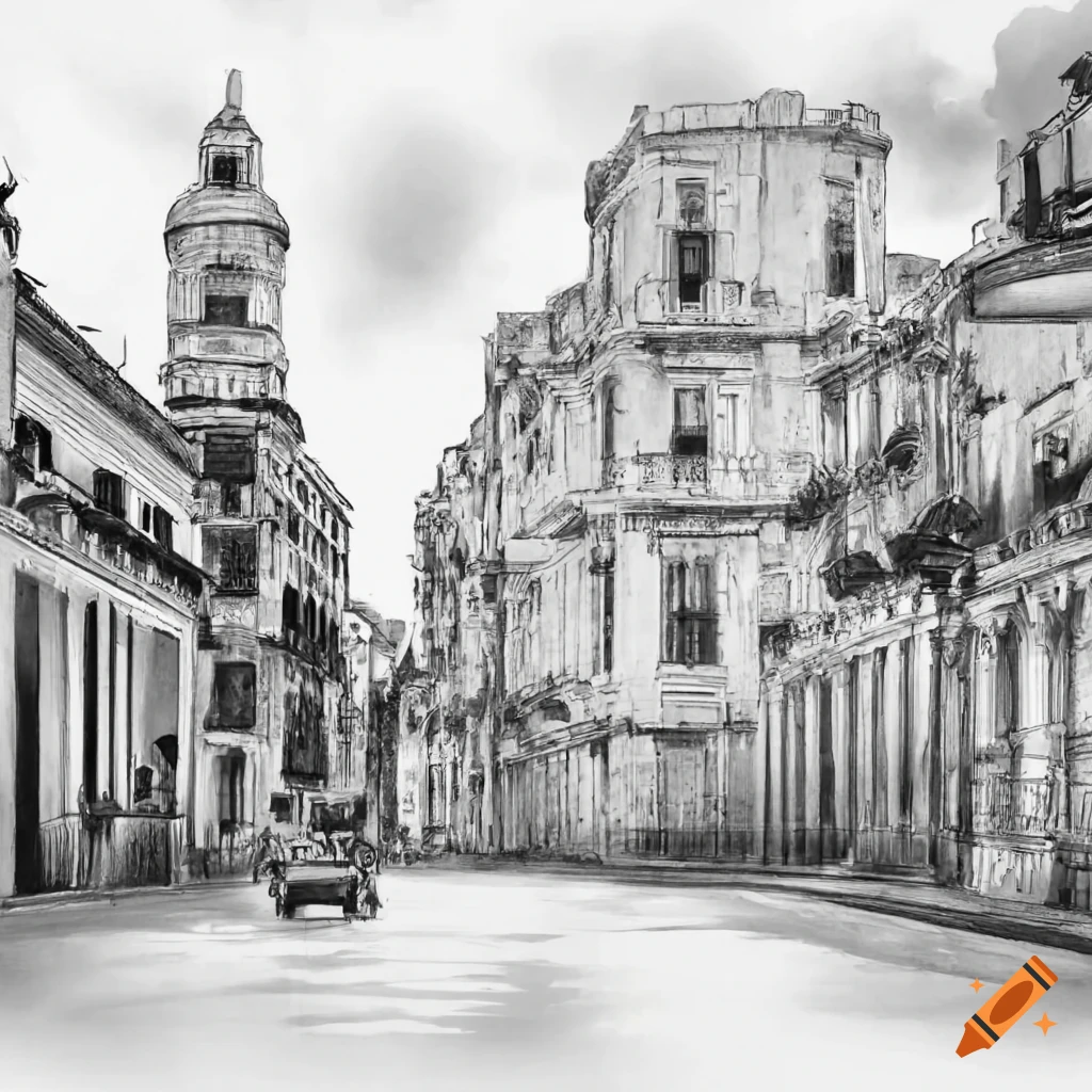Black and white pencil sketch of colonial buildings in havana city on ...