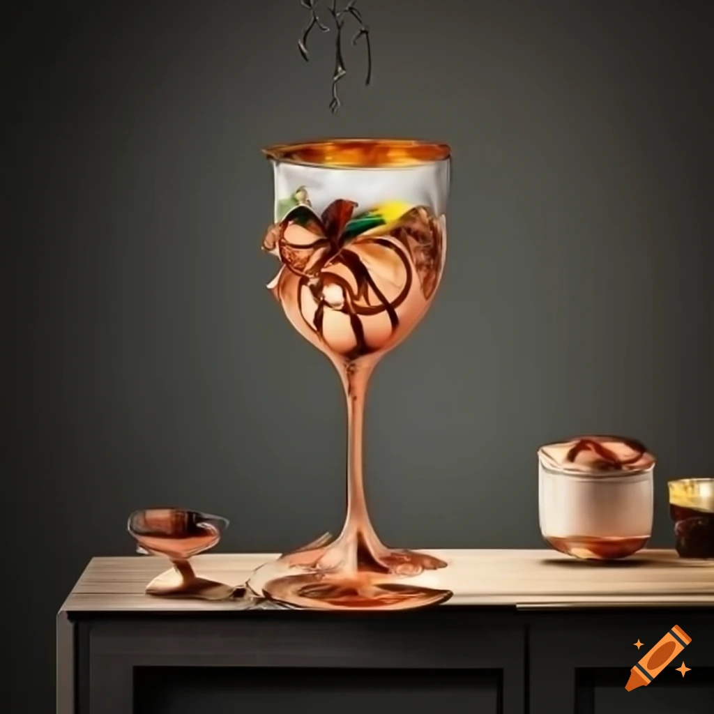 Surrealist pastries on a table with glasses and red fish in a wine ...