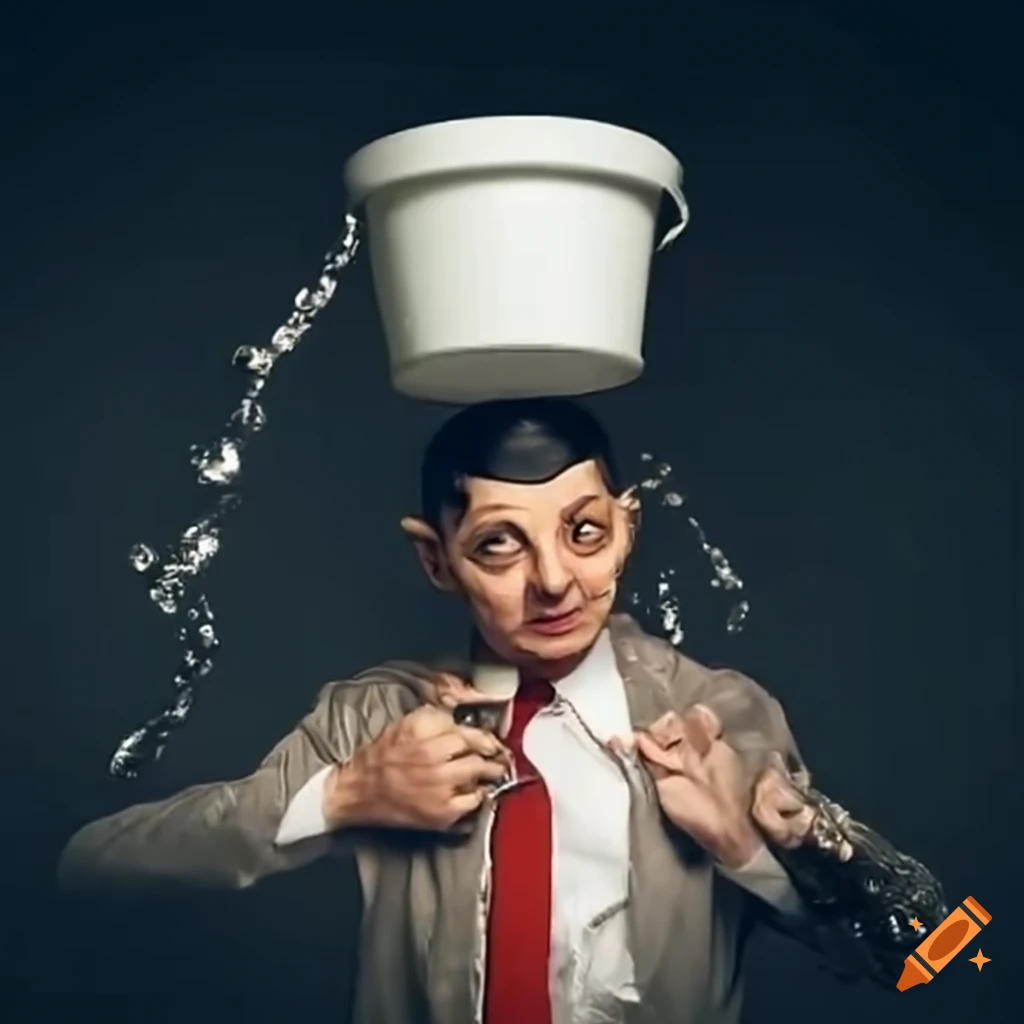 Mr. bean with a bucket on his head catching water