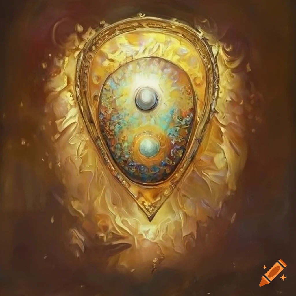 Detailed oil painting of a golden shield with aura on Craiyon