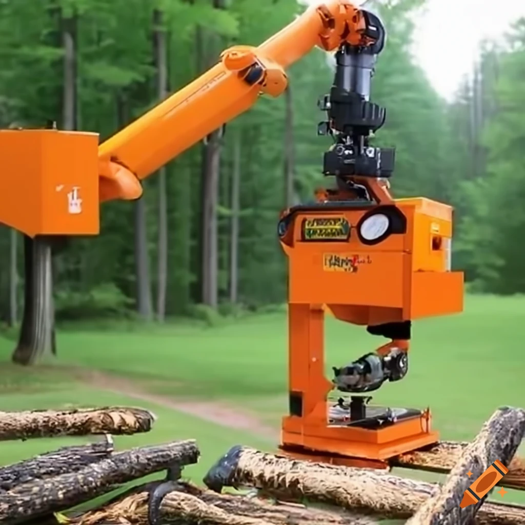 Robots working in the yard with log splitter on Craiyon