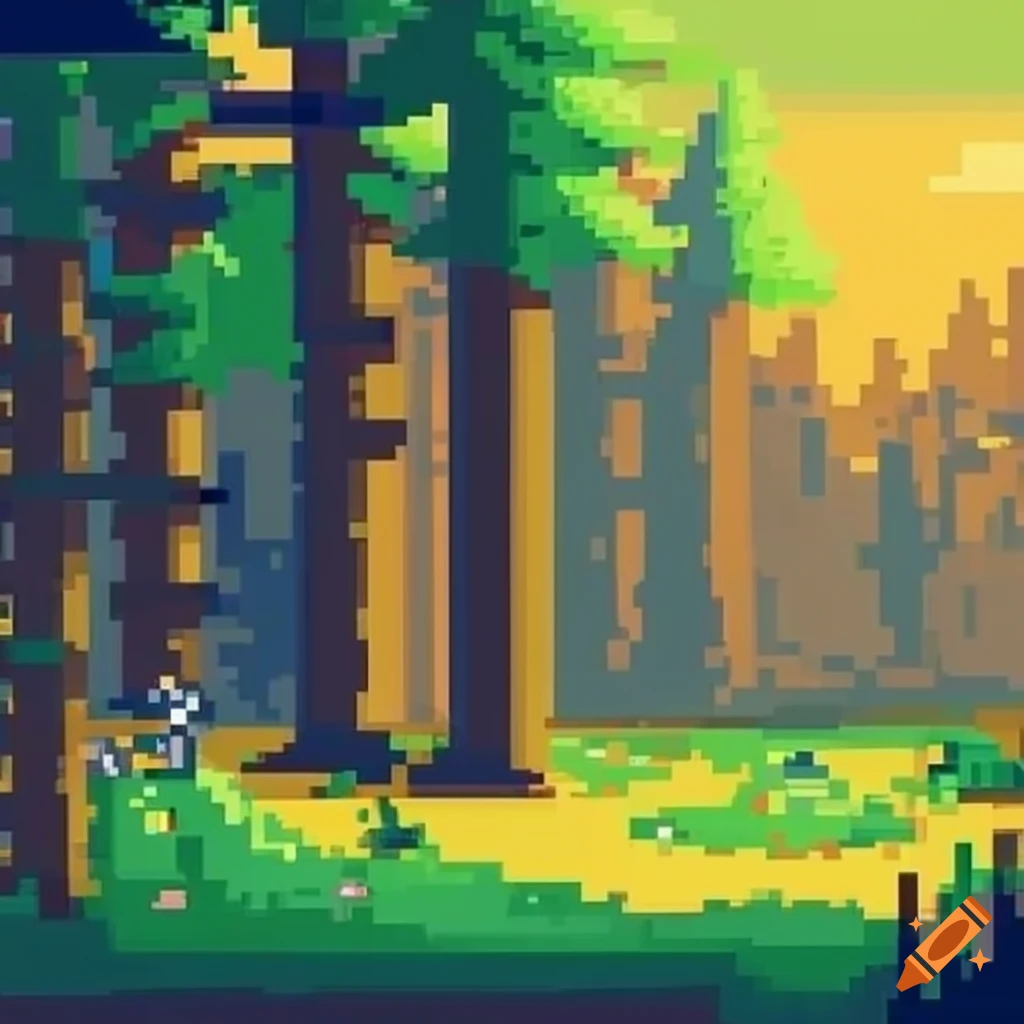 Retro video game forest scene with pixel art graphics on Craiyon