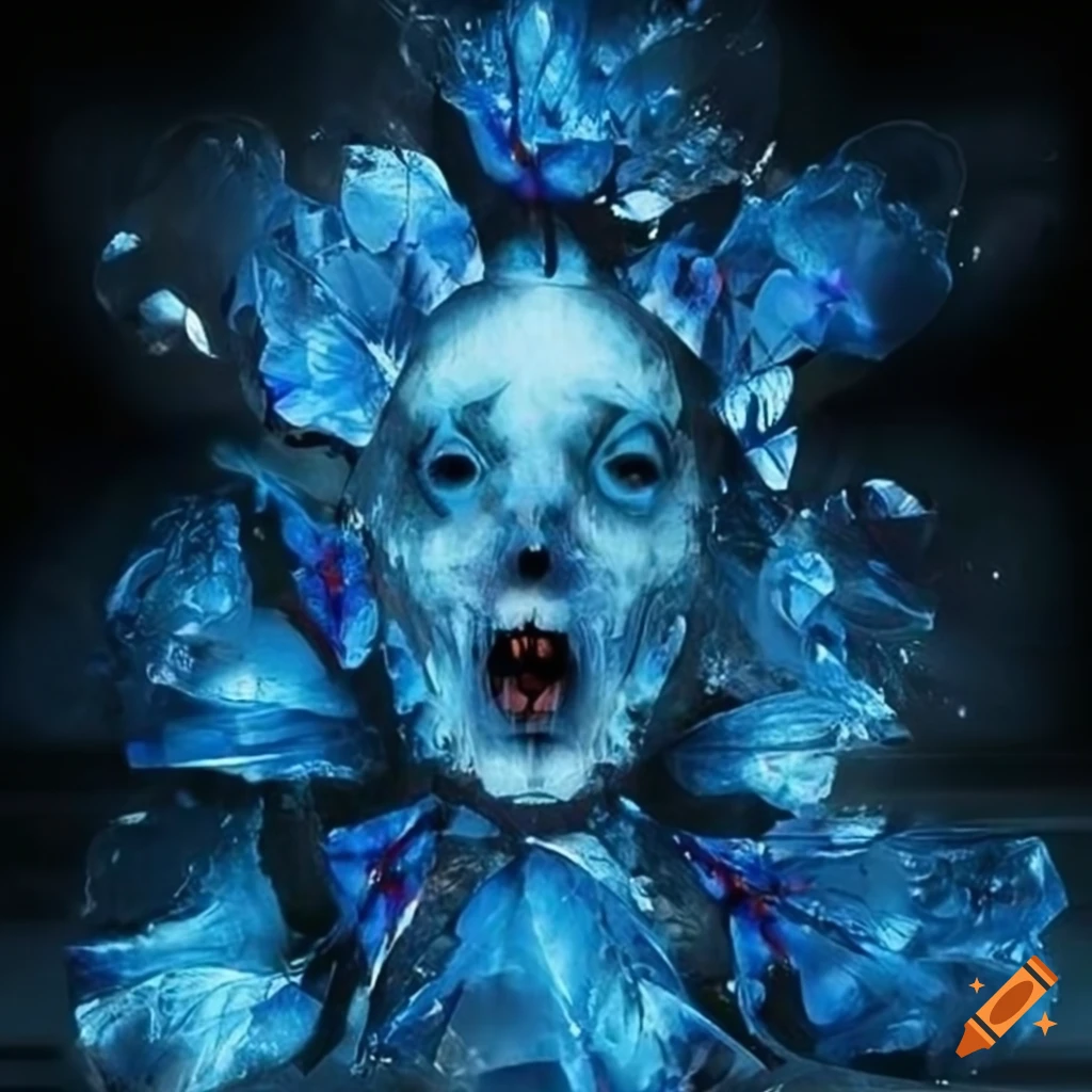 Abstract blue horror art with butterflies and crystals on Craiyon