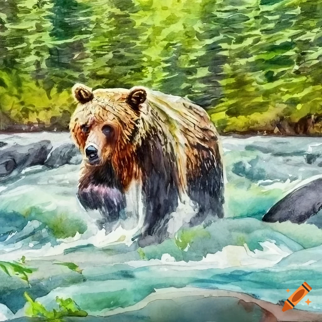 Watercolor of a bear catching salmon in a river on Craiyon