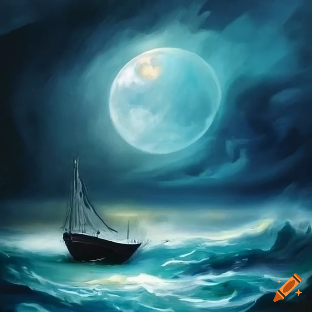 Peinture d'une tempête en mer avec un bateau on Craiyon